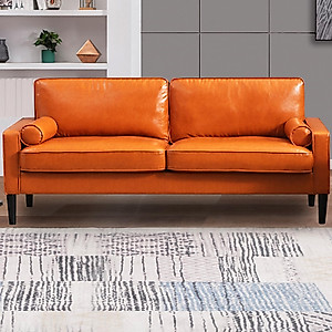 Mjkone 76" Upholstered 3 Seats Sofa, Cognac PU Leather 3-Seater Sofa Chair with Bolster Cushions, Faux Leather Brown Room Furniture, Modern Sectional Sofa Couch for Home Living Room/Apartment/Office