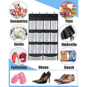 4 Pack Hanging Shoe Organizer over The Door Organizer Shoe Rack Door Hanging Storage, 18 Mesh Pockets with 16 Hooks for Entryway Dorm Bedroom Pantry Wall Closet, Black, White