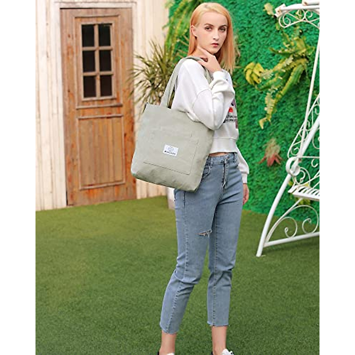 Makukke Corduroy Tote Bag with Zipper, Women's Shoulder Purses for Office School Shopping Travel (Gray)