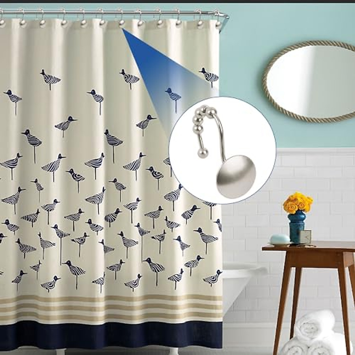 Dexspoeny 12PCS Polished Nickel Shower Curtain Hook, Zinc Alloy Shower Curtain Rings Easy Glide Hook for Bathroom Shower Rods, Curtain Liner Rust Proof Decorative Curtain Hook