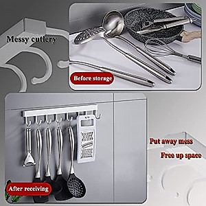 NC Kitchen Towel Hook Self Adhesive Installation,with 8 Slide Hooks, Kitchen Must Haves,Door,Key,Bathroom Coat Rack Hook Space Aluminum Wall Bathroom Hat Hook.(15.75 inch with 8 Hook, Silver White)