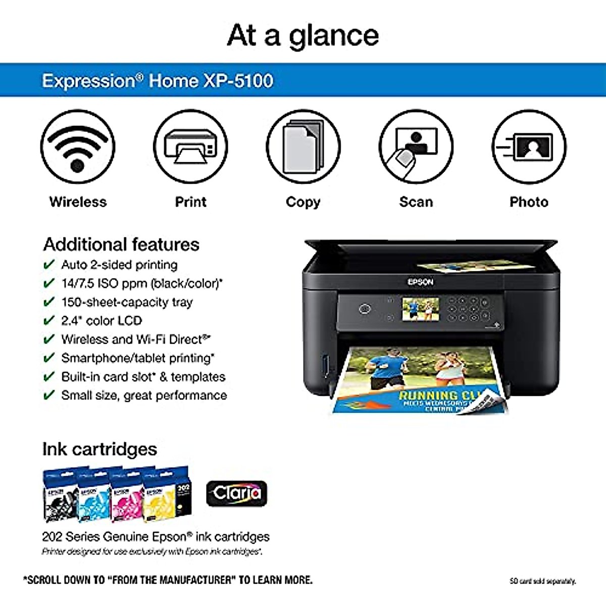Epson Premium Expression Home XP 51 Series Small All-in-One Color Inkjet Printer I Print Copy Scan I Wireless Connections I Mobile Printing I Auto 2-Sided Printing I 2.4" LCD I 14 ISO PPM (Renewed)