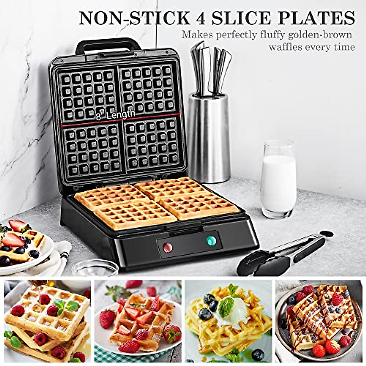 REDMOND Waffle Maker, Nonstick 4 Slice Square Waffle Iron, Compact Classic Stainless Steel Waffle Maker for Family Use Breakfast, 1300W, Black