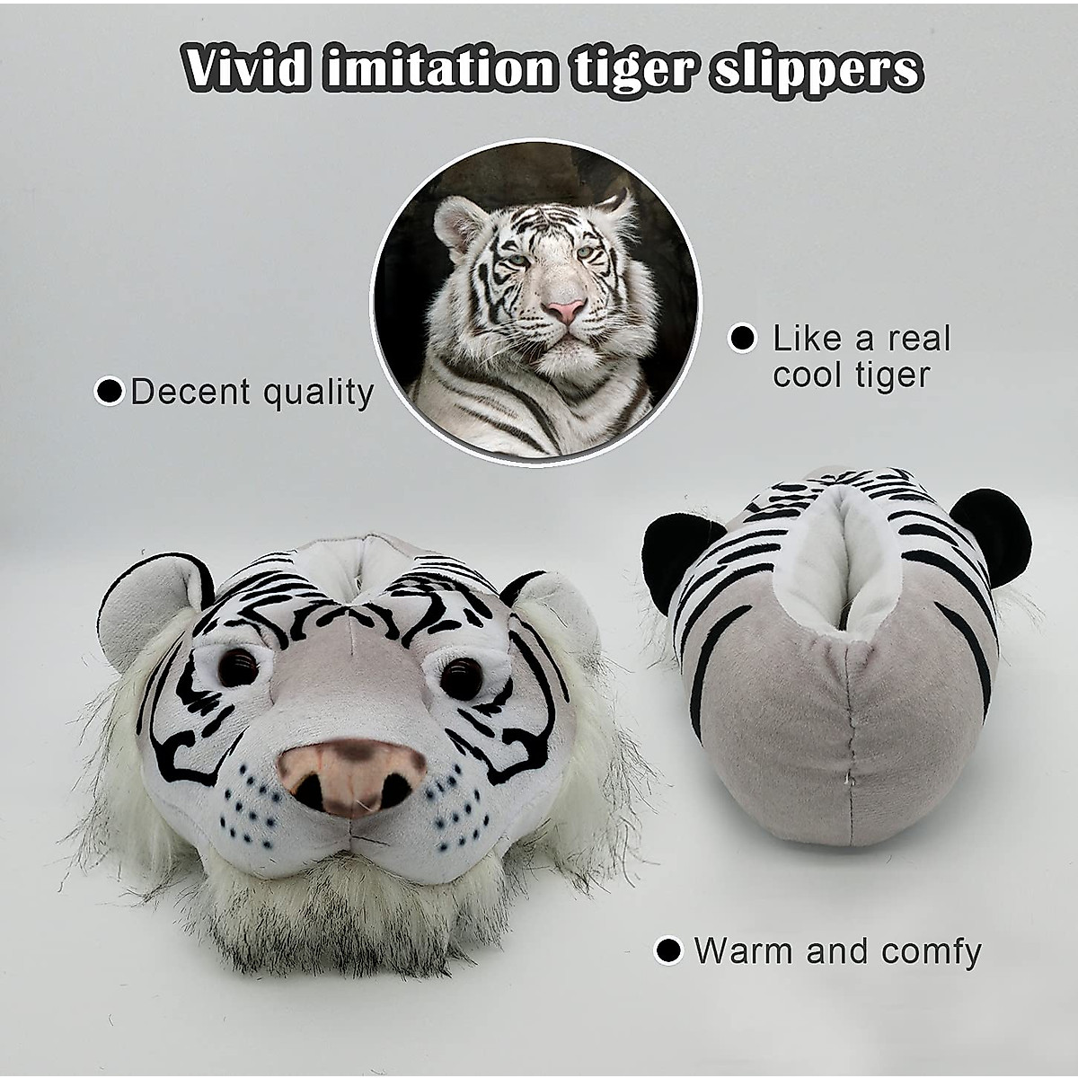 Onmygogo Fuzzy Winter Animal Tiger Slippers for Men Women Adult and Kids, Novelty slippers for Halloween Christmas(7-9, white tiger)