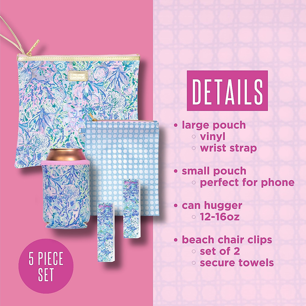 Lilly Pulitzer Water Resistant Vinyl Beach Day Pouch, Zipper Bag Includes Drink Hugger, Small Pouch, and Towel Clips, Soleil It On Me
