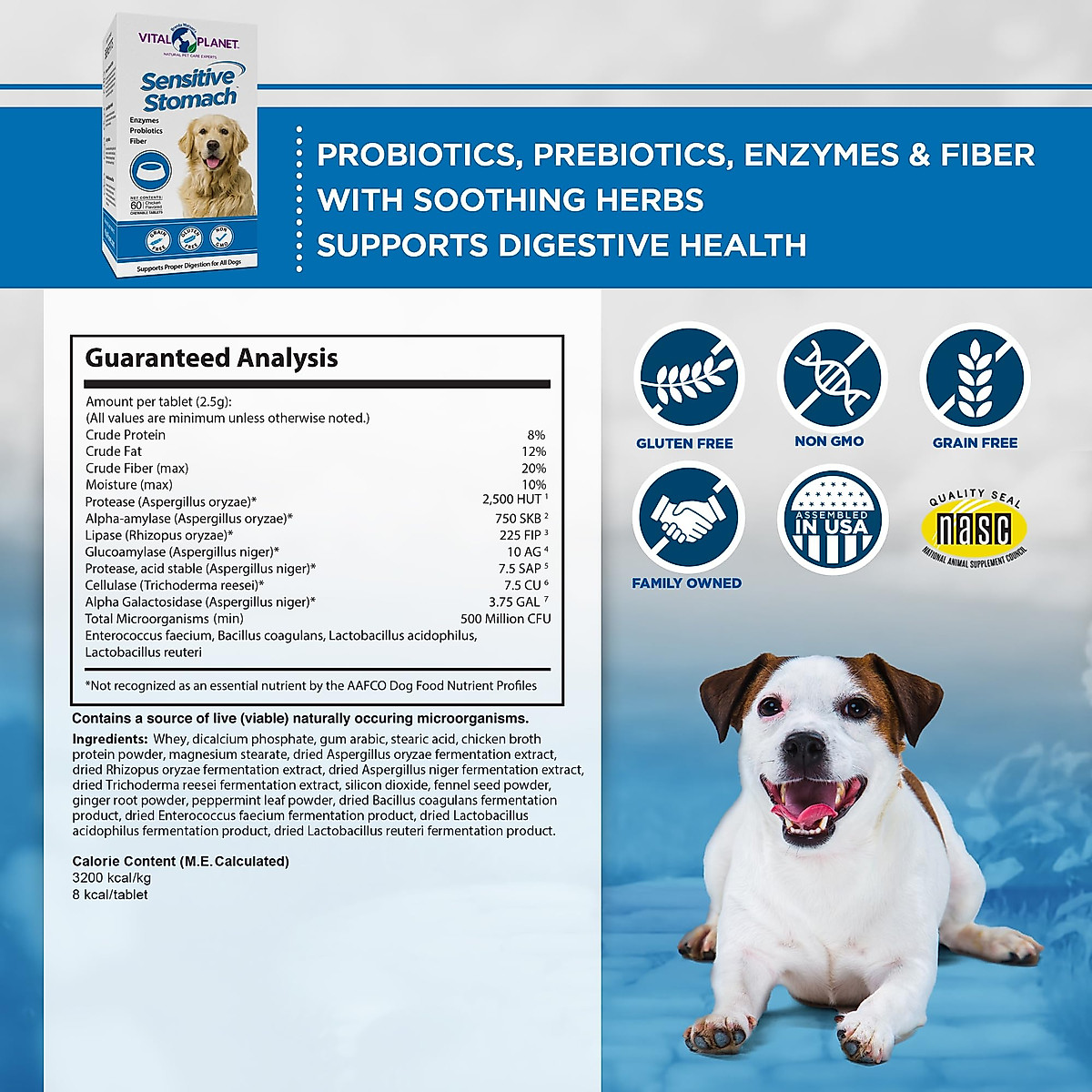 Vital Planet - Sensitive Stomach for Dogs with Enzymes, Probiotics and Fiber, Natural Digestive Support for Upset Stomach with Fennel, and Peppermint, 60 Chicken Flavored Chewable Tablets