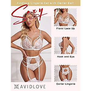 Avidlove Women Lingerie Set Lace Teddy Strap Babydoll Bodysuit with Garter Belts (White, Small)