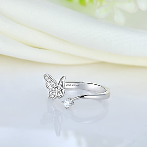 JO WISDOM Women Ring,925 Sterling Silver AAA Cubic Zirconia Butterfly Promise Wedding Engagement Open Rings Adjustable for Women size 5