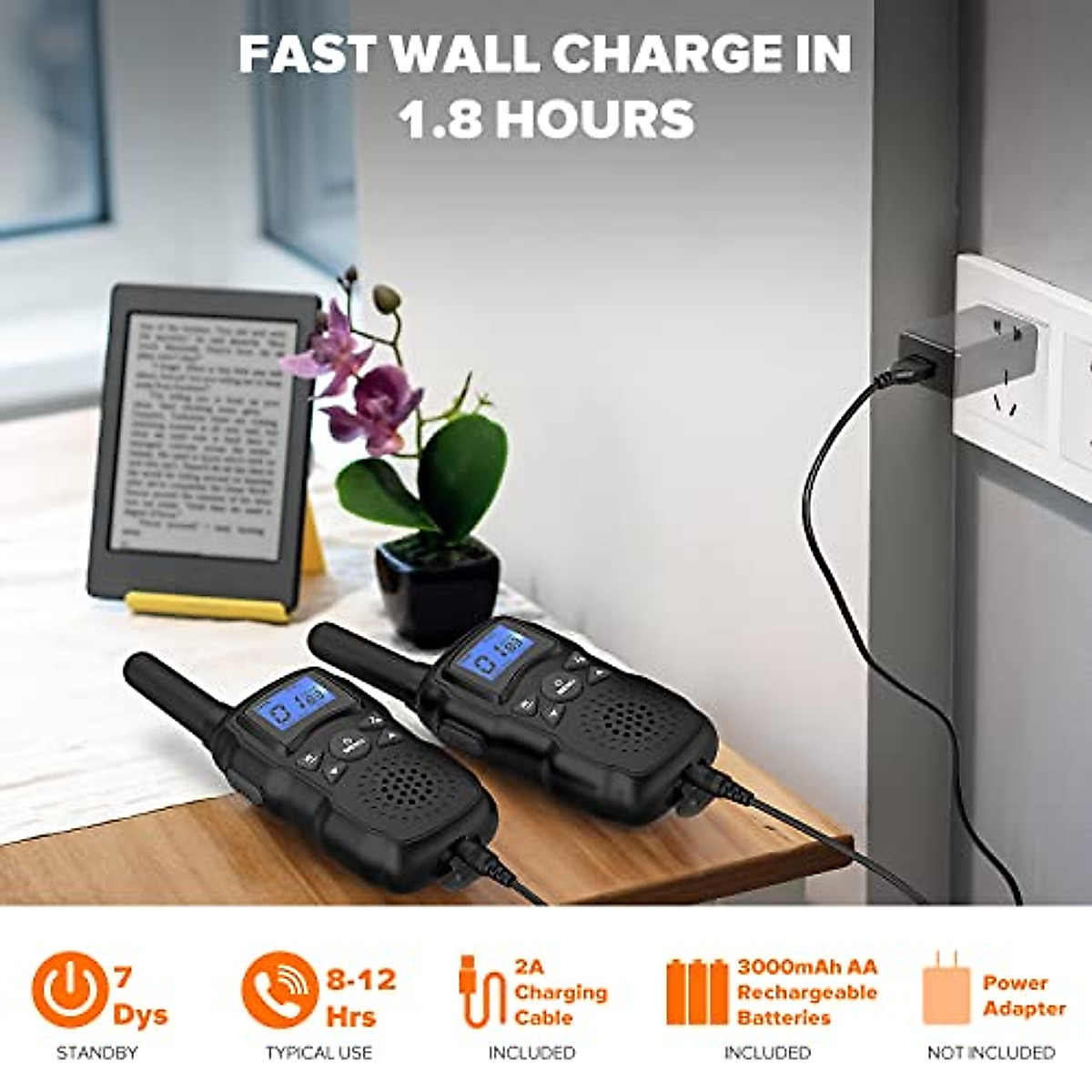 Wishouse Walkie Talkies for Adults,Radios Walkie Talkies Rechargeable Long Range 4 Pack,Family Camping Gear for Kids Hiking Accessories with Flashlight,VOX, Easy to Use (Black with Battery Charger)