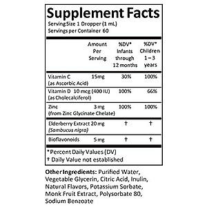 Kiddivit Baby Zinc Liquid Drops with Elderberry, Vitamin D3 & C - 60 Daily Servings, 2 Fl Oz (60 mL) - Inulin Fortified (Prebiotic, Dietary Fiber) - Sugar Free, Gluten Free, Vegetarian Friendly