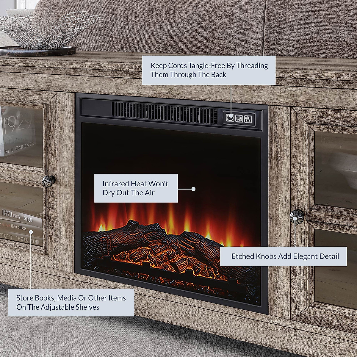 BELLEZE Modern 58 Inch Farmhouse TV Stand with 18 Inch Electric Fireplace & Media Entertainment Center Console Table for TV up to 65 Inch with Open Storage Shelves & Cabinets - Kenton (Ashland Pine)