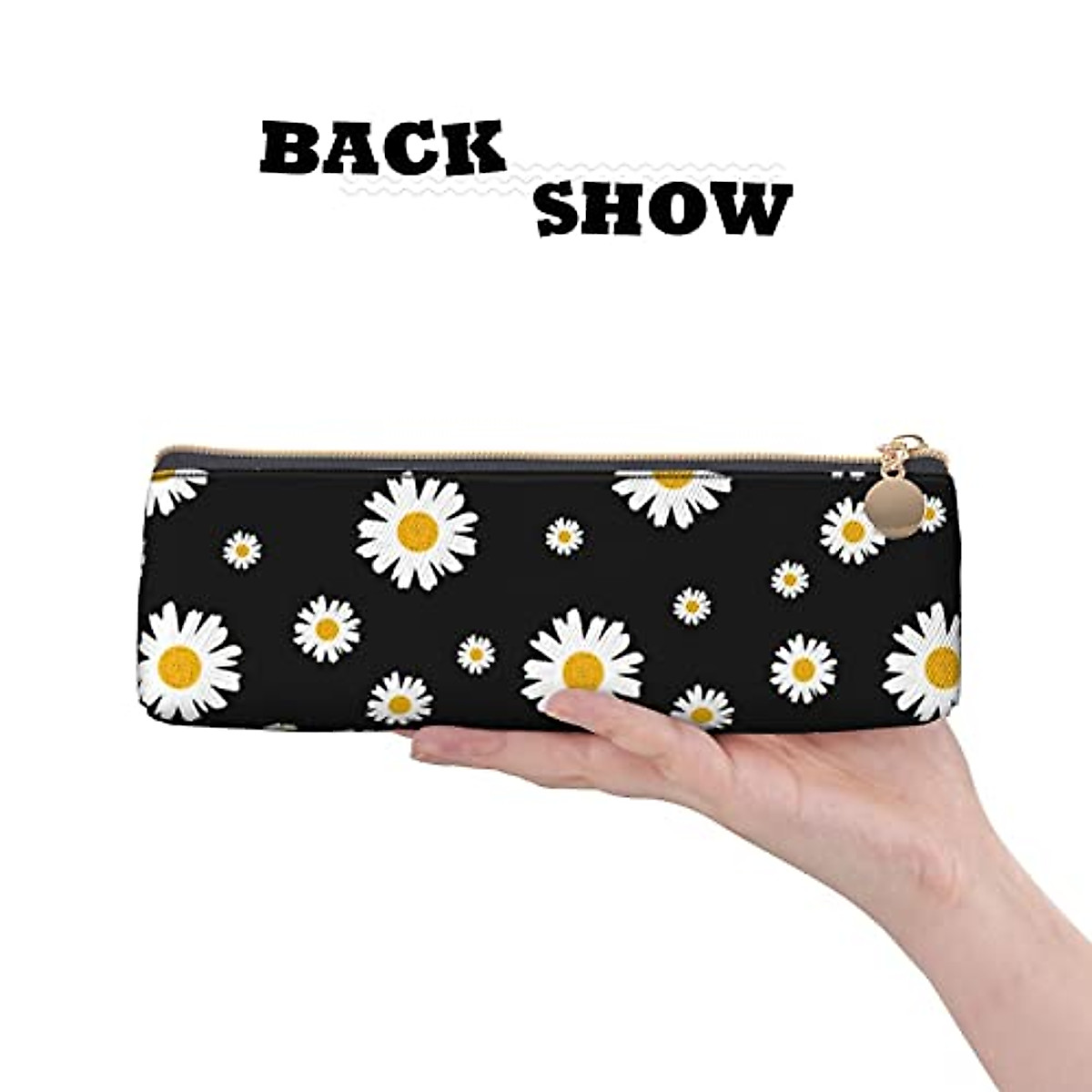 Ykklima White Yellow Daisy Flower Black Leather Pencil Case Zipper Pen Makeup Cosmetic Holder Pouch Stationery Bag for School, Work, Office