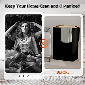 150L Laundry Basket with Lid, Large Double Laundry Hamper with Bamboo Handles, Removable Laundry Bags, 2 Section Dirty Clothes Hamper, Collapsible Towel Basket for Bedroom, Bathroom, Dorm, Black