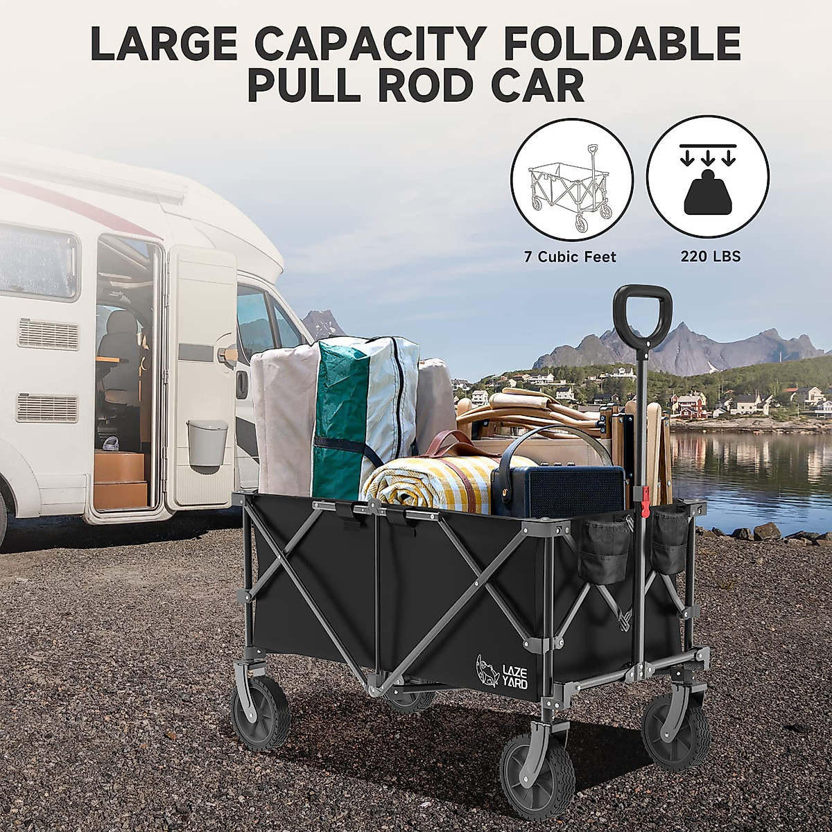 LAZEYARD Collapsible Wagon Cart,Foldable Heavy-duty Wagon Cart with Universal Wheels and Adjustable Handle,220lbs Capacity Folding Garden Utility Wagon with 2 Drinking Holders for Outdoor Shopping