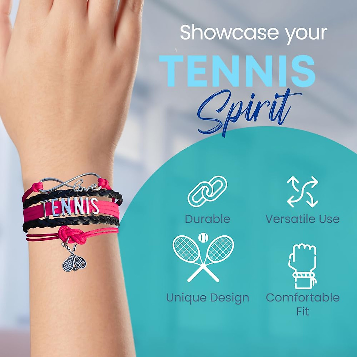 Infinity Collection Tennis Racket Charm Bracelet, Girls Pink Tennis Racquet Jewelry for Girls & Women, Tennis Gifts for Tennis Players, Tennis Charm Birthday Gifts