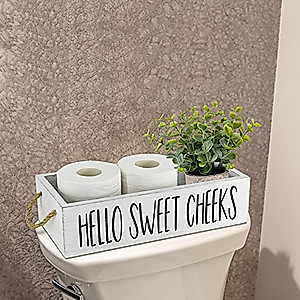 Bathroom Decor Box 2 Sides Funny Toilet Paper Holder Wood Tank Box Over Toilet Paper Storage Basket with Rope Handle Rustic Bathroom Paper Organizer Box with Funny Sign Farmhouse Home Decor Box