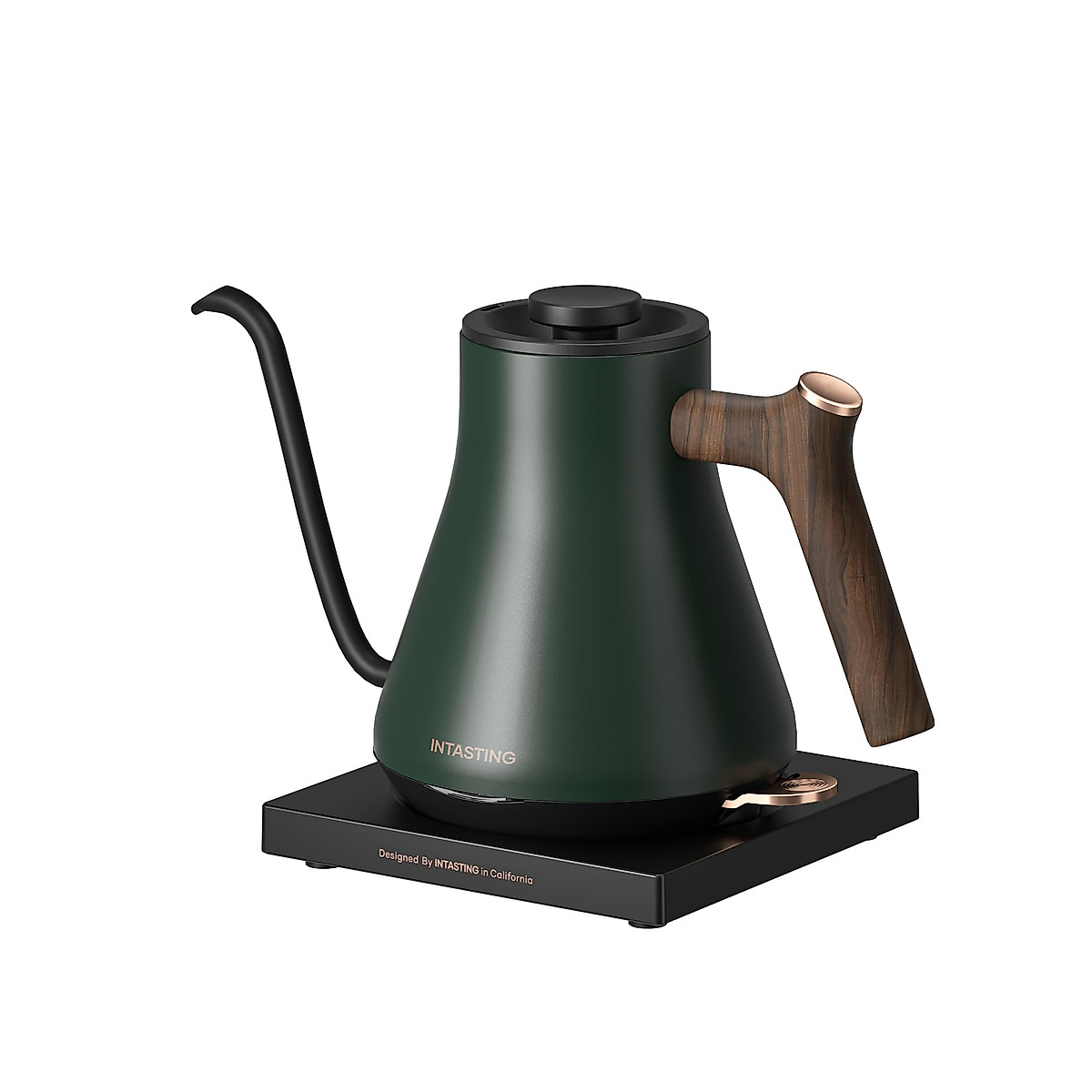 INTASTING Gooseneck Electric Kettle Hot Water Boiler Pour Over Coffee and Steeping Tea, 304 Stainless Steel, 0.9L/30oz, Auto Shut-Off & Boil Dry Protection, Matte Green with Dark Brown Wood Handle