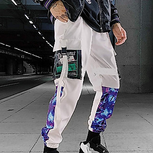 XYXIONGMAO Men's Functional Black and Purple Reflective Joggers Overalls Ribbon Techwear Sweatpants Hip Hop Streetwear Cargo Pants for Men (Black, XL)