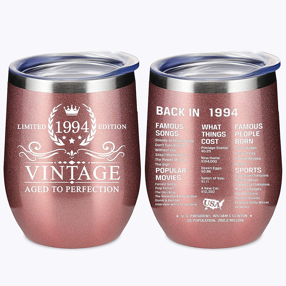30th Birthday Gifts for Women Friends, 12 Oz Insulated Stainless Steel Wine Tumbler with Lid, Double Side Printed Birthday Thermos cup, Back in 1994 Old Time Information, Best Birthday Gifts