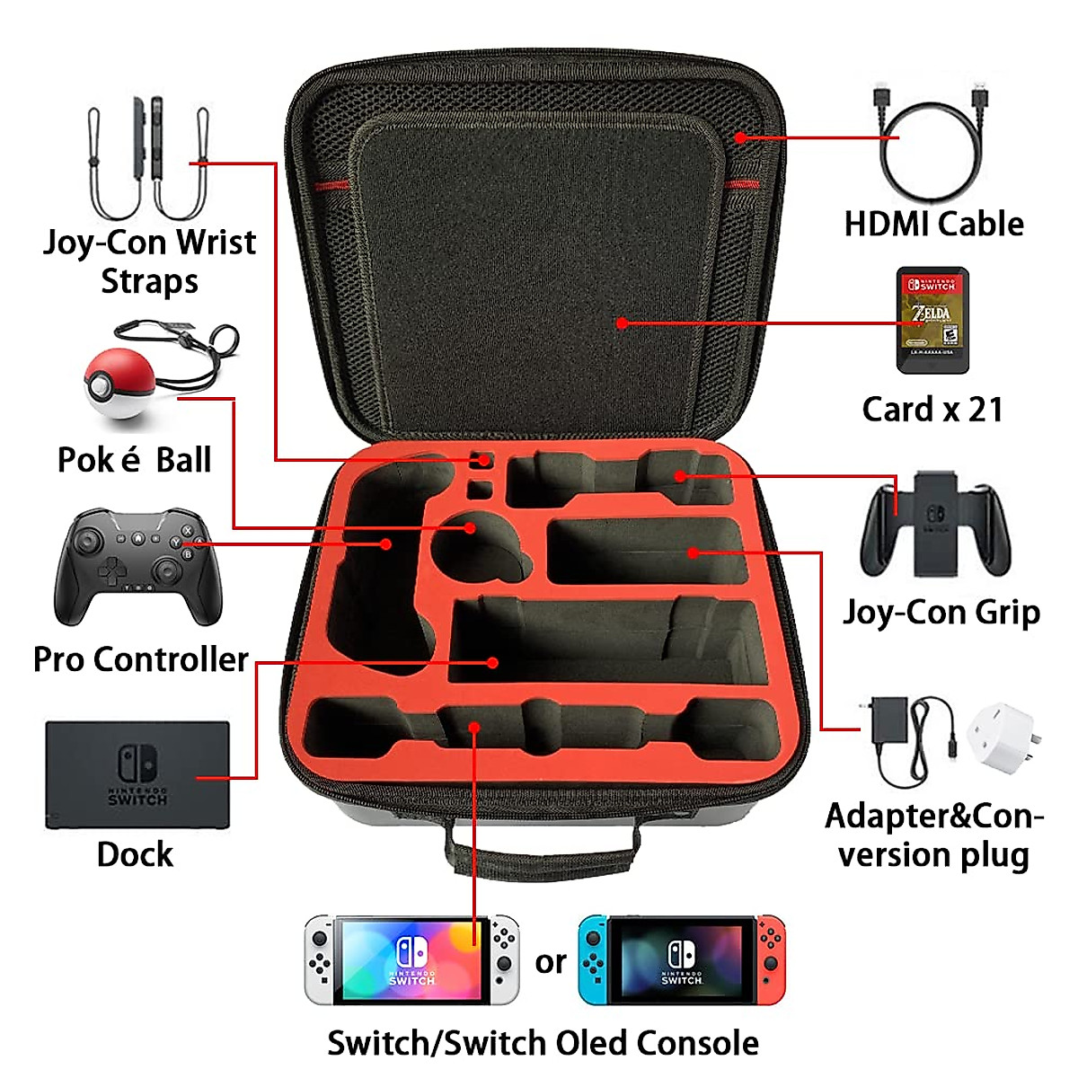 KAXIMEII Carrying Case for Nintendo Switch Oled,8 in 1 Switch Oled Accessories Bundle with Thumb Cap, Crystal Protective Case for Console & J-Con,Screen Protector,Hard Material Storage Bag,-Silver