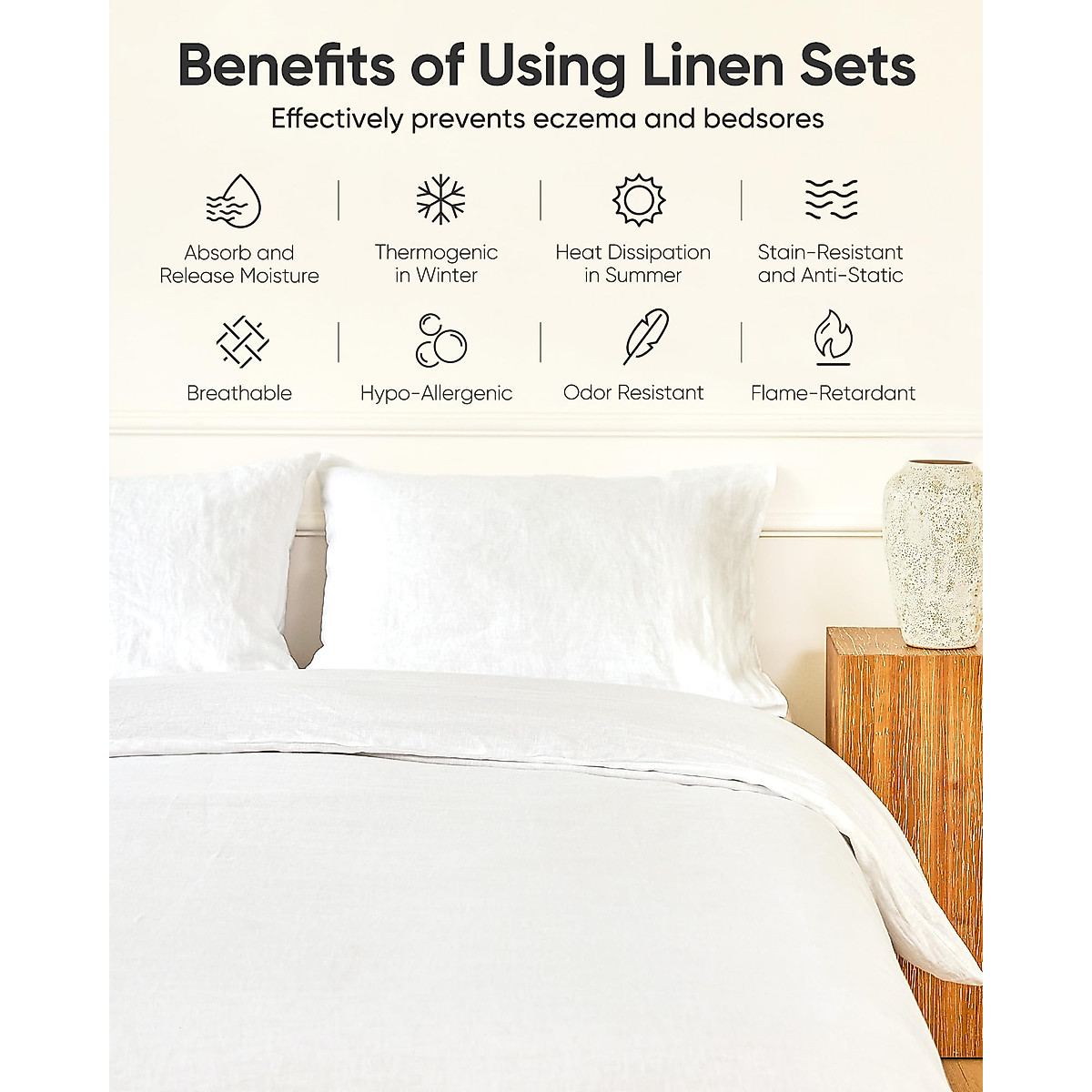 cebihy 100% Linen Duvet Cover Set King 3 Pieces, French Normandy Flax Linen, Cooling, Soft, and Breathable Linen Bedding Set - 1 Duvet Cover 90"x 104", 2 Pillowcases 20"x 40" (White-Queen)