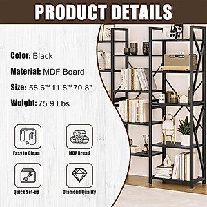 GAOMON Bookcases and Bookshelves Triple Wide 5 Tiers Bookshelf, Rustic Industrial Book Case with 14 Open Display Shelves, Wide Tall Bookcase for Bedroom, Living Room and Home Office-Black