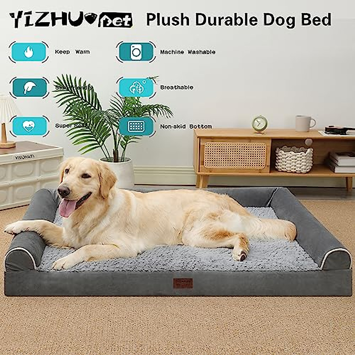 Dog Beds for Large Dog Orthopedic Dog Bed for Large Dogs Egg Foam Sofa Dog Bed with Waterproof Lining Large Dog Bed with Removable Washable Cover Nonskid Bottom Dog Crate Bed,XL 42x30x7.5Inch, Grey
