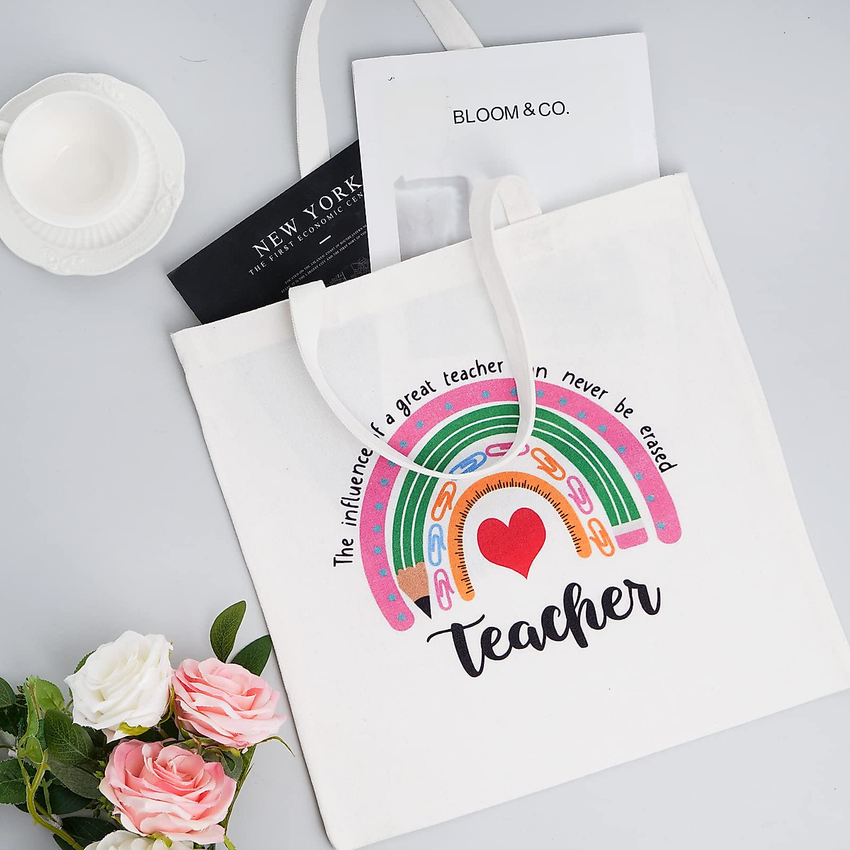 Homlouue Teacher Gifts for Women Teacher Appreciation Gifts Teacher Tote Bag Canvas Teacher Bag Rainbow Bag for Teacher Graduation Birthday Thanksgiving Christmas