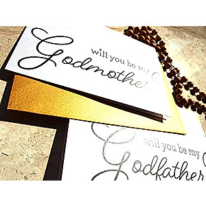 Will you be my Godparents (Godmother and Godfather) - God Parents Proposal Cards in Black-and-White Lettering, with Golden Shimmer Envelopes (Set of 2 cards) (Godmother & Godfather)