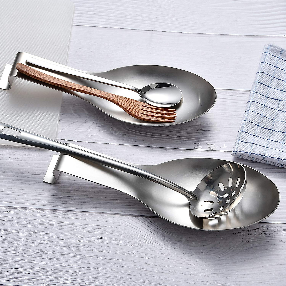 Supkiir Spoon Rest, 4 Pack Spoon Spatula Rest Stainless Steel for Kitchen Restaurant Home Use, Dishwasher Safe