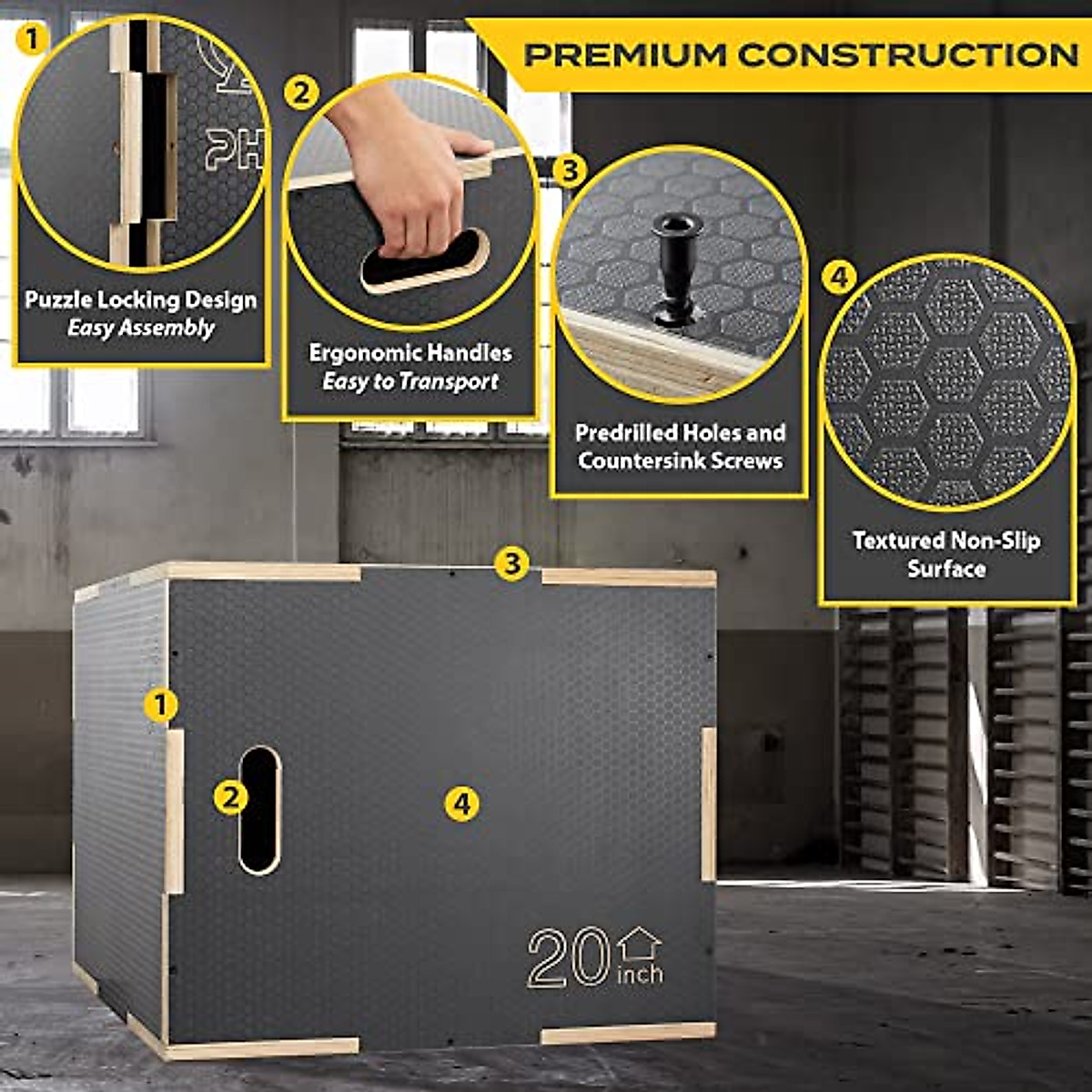 Philosophy Gym 3 in 1 Non-Slip Wood Plyo Box, 30" x 24" x 20", Gray, Jump Plyometric Box for Training and Conditioning