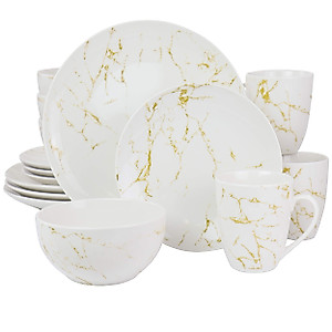 Elama Fine Marble Round Gloss Dinnerware Dish Set, 16 Piece, White and Gold