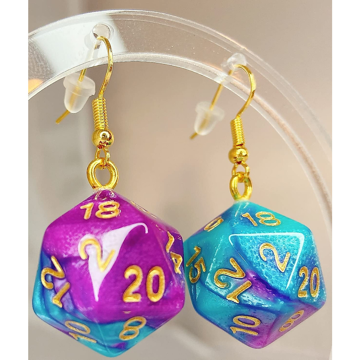 d20 20-Sided Polyhedral Dice Earrings - Hook with Earnuts (Light Blue-Purple Swirl)