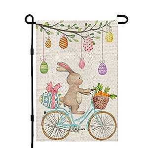 CROWNED BEAUTY Easter Welcome Garden Flag 12×18 Inch Double Sided Rabbit Bunny Bike Egg Tree Outside Vertical Holiday Yard Flag