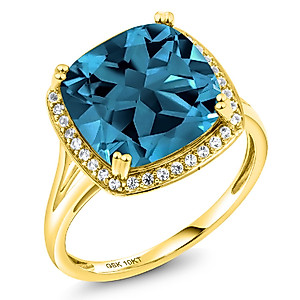 Gem Stone King 10K Solid Yellow Gold London Blue Topaz and White Created Sapphire Engagement Ring | Cushion Cut 12MM | 8.54 Cttw | Gold Ring For Women | Available In Size 5, 6, 7, 8, 9