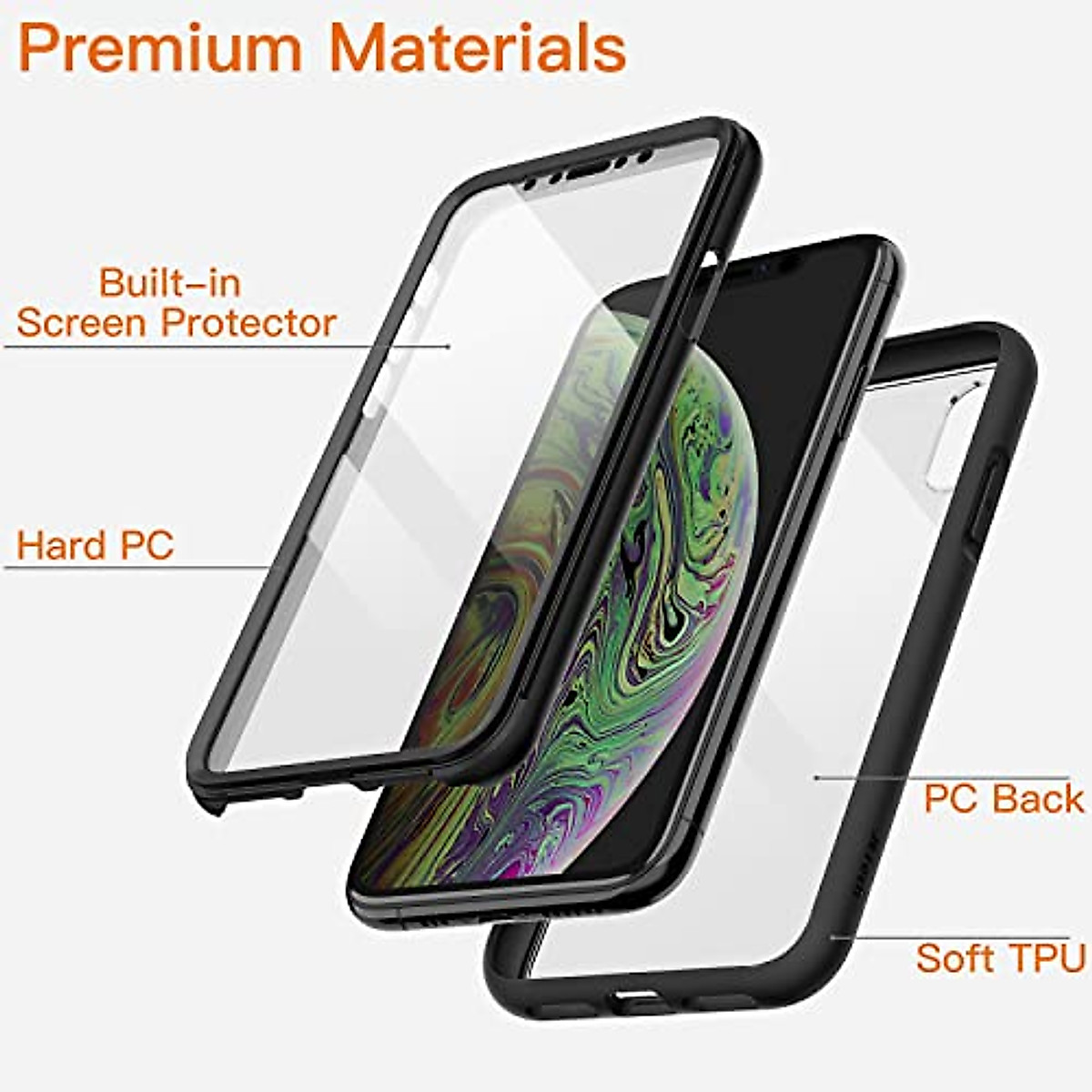JETech Case for iPhone Xs and iPhone X 5.8 Inch with Built-in Screen Protector Anti-Scratch, 360 Degree Full Body Rugged Phone Cover Clear Back (Black)