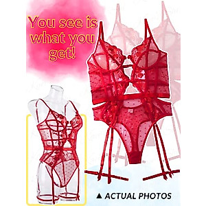 Kaei&Shi Bodysuit Lingerie for Women,Plunge Underwire Floral Lace Teddy Lingerie,Sexy Cutout Thong One Piece Body Suit with Garter Boudoir Red Medium