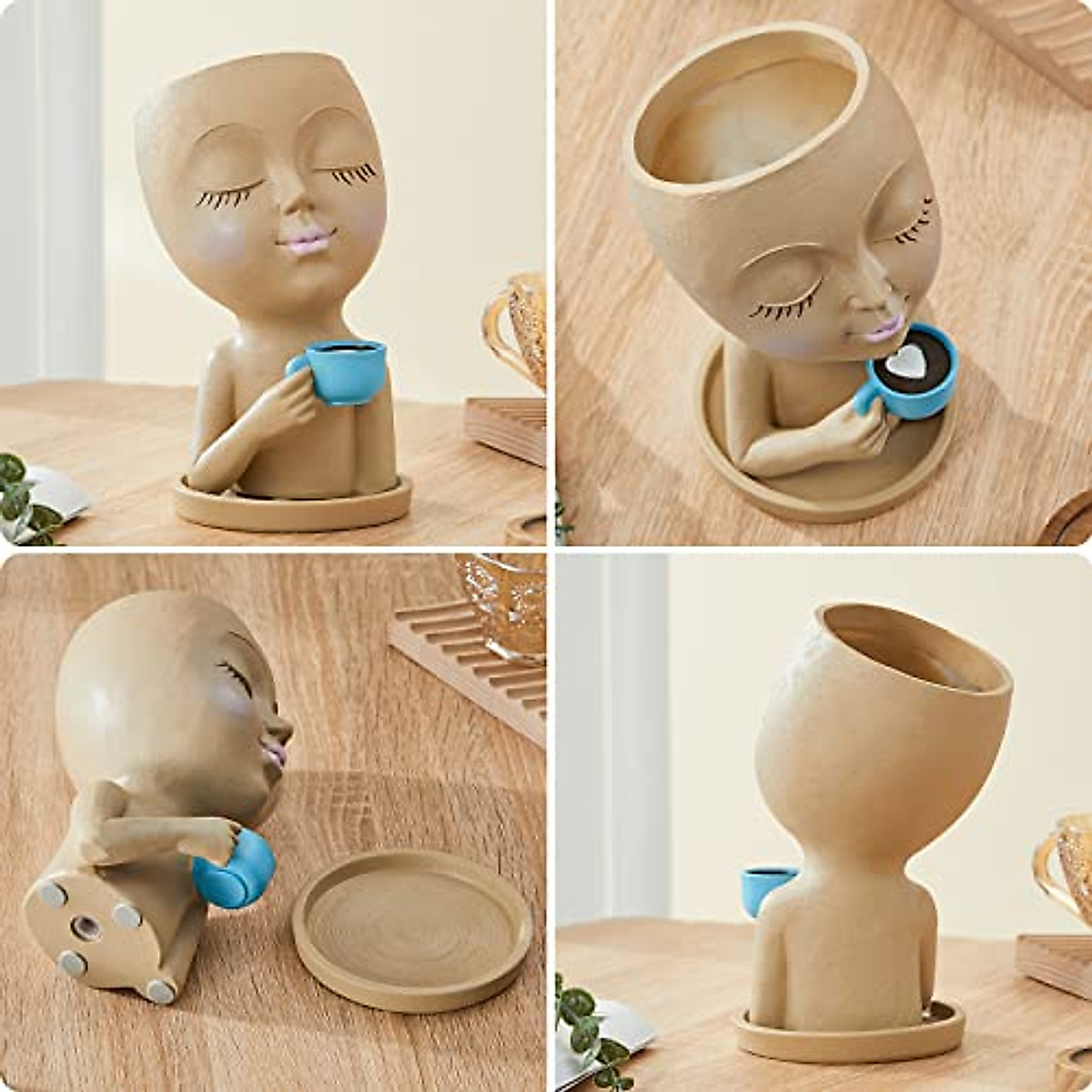Face Planters Pots Head Planters for Outdoor Plants, Funny Cute Resin Coffee Girl Face Succulent Pots Planter Cactus Planter with Drainage Hole Closed Eyes for Indoor&Outdoor Planter (Style#477A1)