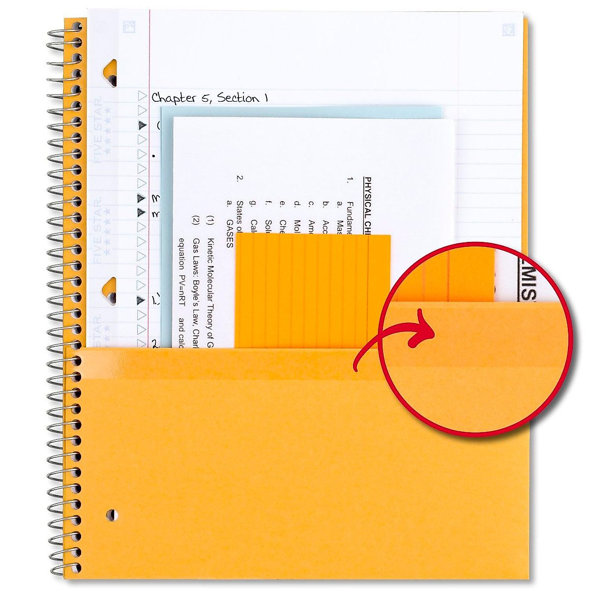 Five Star Spiral Notebook + Study App, 5 Subject, College Ruled Paper, Fights Ink Bleed, Water Resistant Cover, 8-1/2" x 11", 200 Sheets, Color Will Vary (06208)