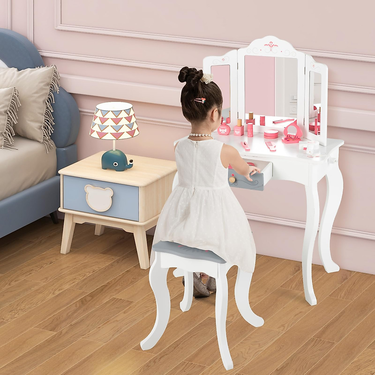 INFANS Kids Vanity, 2 in 1 Princess Makeup Table and Chair Set with Tri-Folding Detachable Mirror 10 Accessories Wooden Dressing Table, Beauty Pretend Play Vanity Set for Toddler Girls Gift (White)