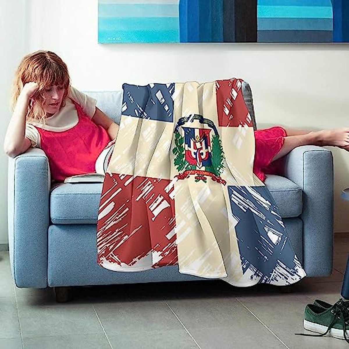 Lightweight Flannel Blanket for Men Boys, Compatible with Dominican Republic Grunge Flag, Small Large Warmer Fall Throw Blanket, Cute Fleece Blanket for Couch Bed Sofa Chair, Queen King Size Blankets