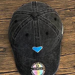 KUBILA Hand Drawn Blue Heart Hats for Women Men,Unisex Love Heart Embroidered Cotton Adjustable Snapback Baseball Cap Dad Hat Washed Black