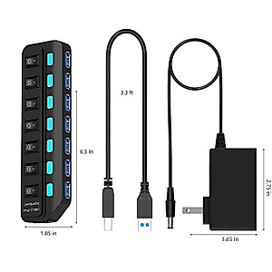 USB Hub 3.0 Powered, Zouhi USB hub 7 Port 3.0 Data Hub Splitter with 5V/2A Power Adapter and with Individual On/Off Switches/Power LED / 3.3ft/1m Long Cable for Mac Pro, MacBook Pro and More