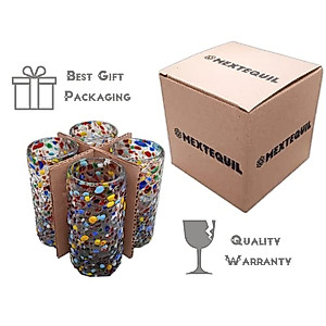 MEXTEQUIL - Authentic Mexican Tequila Shot Glasses - Tequila Set of shot glasses - 4 pcs - 2 Oz - Mexican Hand Blown Shot Glass (Confetti)