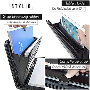STYLIO Zippered Padfolio Binder (Black) and Slim Leather Wallet (Brown) Bundle. Perfect for Documents, iPad/Tablet, Notepad, Business Cards, IDs and Bills. Great Gift Bundle.