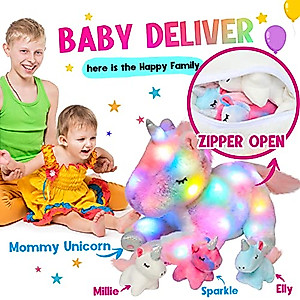 Hopearl LED Musical Stuffed Unicorn Playset Lighting Up Singing Plush Toy Mommy Unicorn with 3 Baby Unicorns in her Tummy Lullaby Animated Soothe for Mom Toddlers Girls, Rainbow, 19''