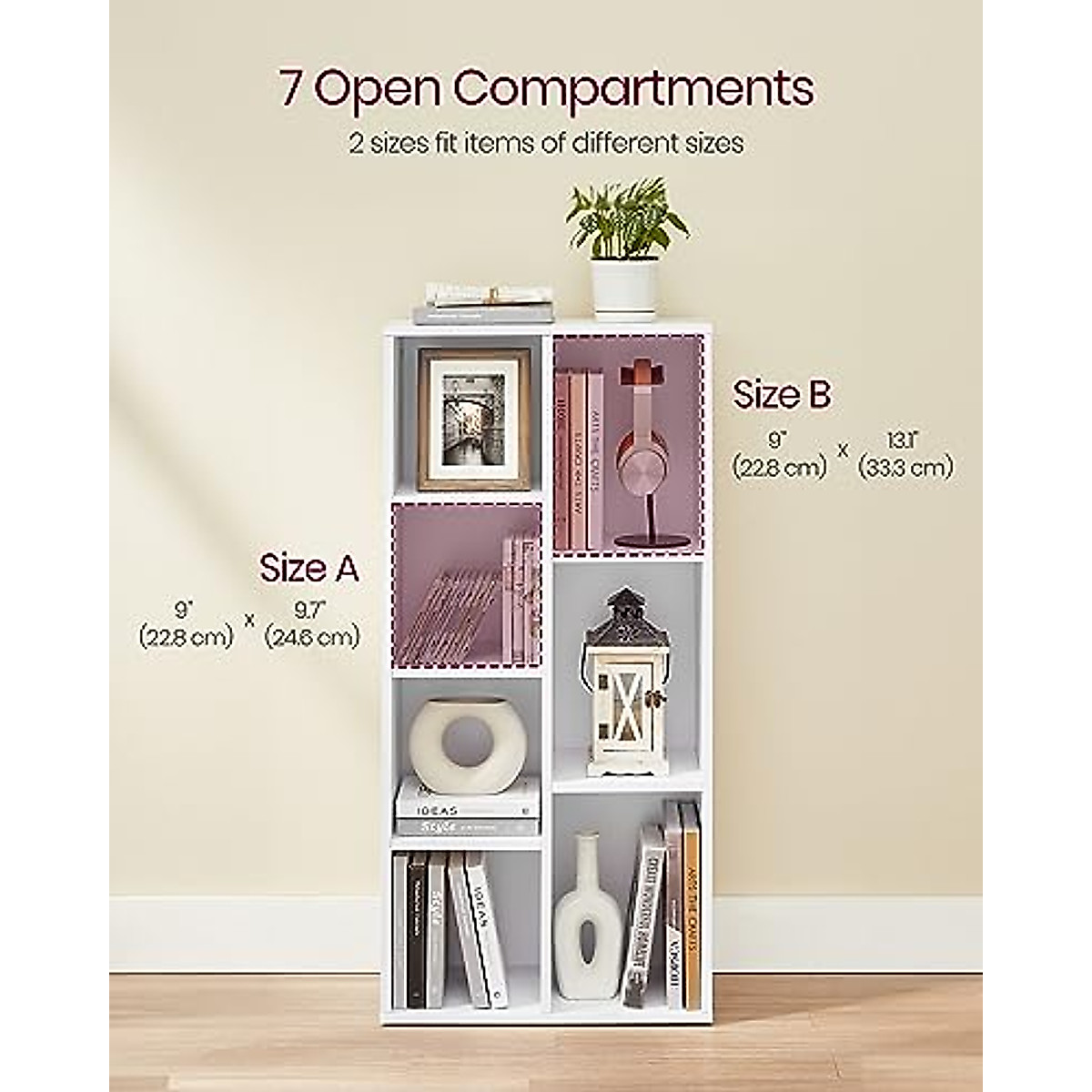 VASAGLE Bookcase, Bookshelf with 7 Compartments, Freestanding Shelves and Cube Organizer, for Display in Living Room, Bedroom, and Home Office, White