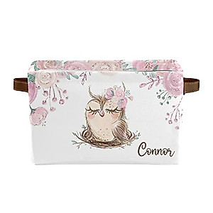 Pink Cute Floral Owl Personalized Storage Bins Box Baskets with Handle Cubes Clothes Basket Box for Women Christmas Office Holiday 1 Pack