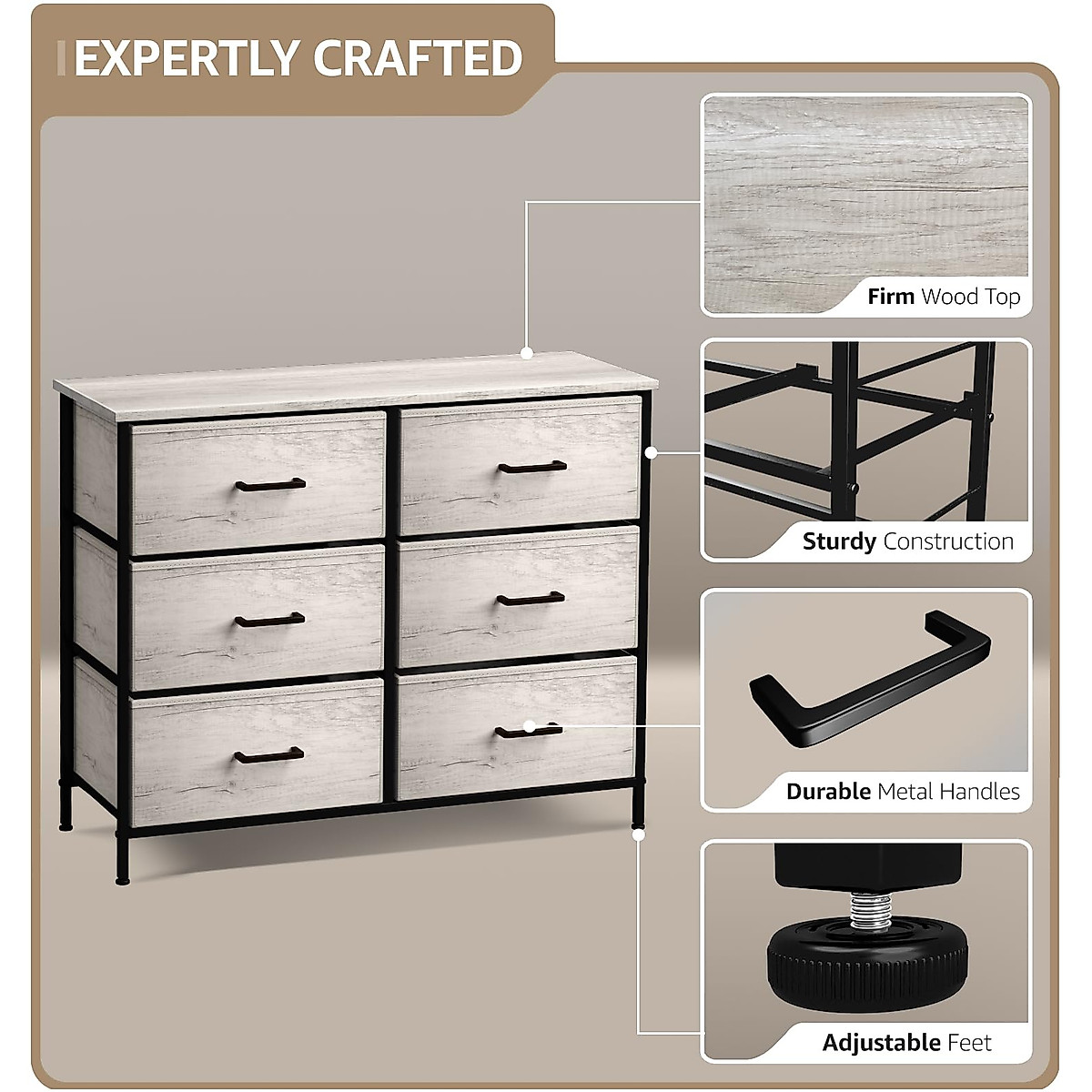 Sorbus Dresser with 6 Faux Wood Drawers - Chest Organizer Unit with Steel Frame Wood Top & Handle Easy Pull Fabric Bins for Clothes - Storage Furniture for Bedroom, Hallway, Living Room & Closet