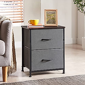 Somdot Nightstand with 2 Drawers, Bedside Table Small Dresser with Removable Fabric Bins for Bedroom Nursery Closet Living Room - Sturdy Steel Frame, Wood Top, Pull Handle - Charcoal Grey/Dark Walnut